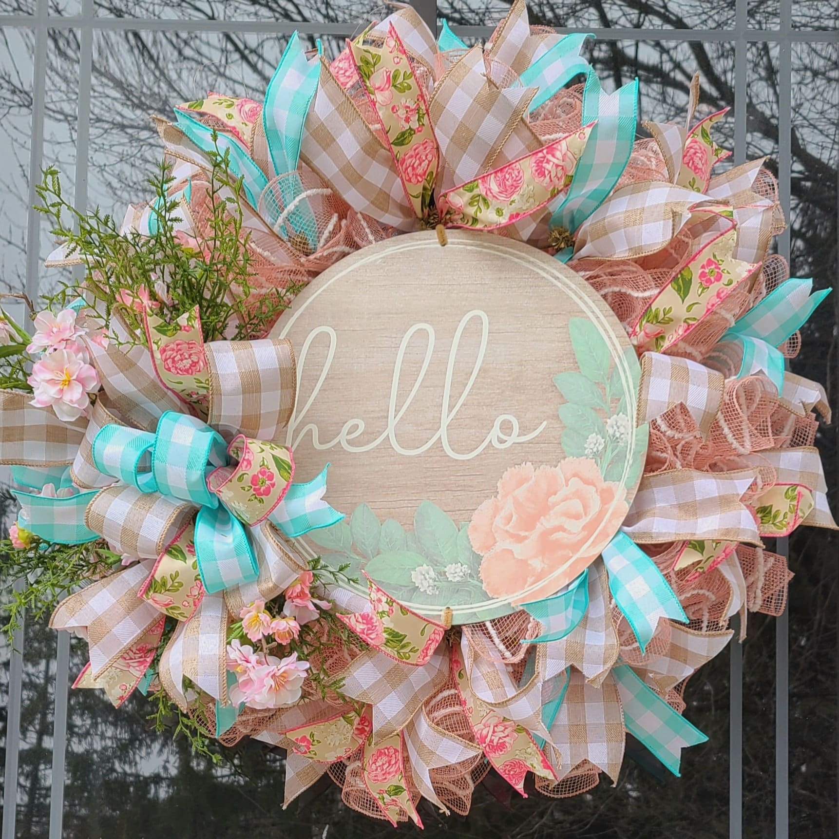 Hello Deco Mesh Peach and Aqua Colors Spring Wreath Front - Etsy