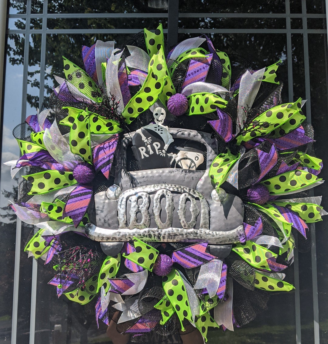 Halloween Wreath, Boo Wreath, Black Deco.mesh Wreath, Front Door Wreath ...