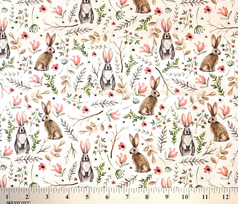 Watercolor Rabbits & Leaves Fabric by the Yard 100% Cotton by - Etsy