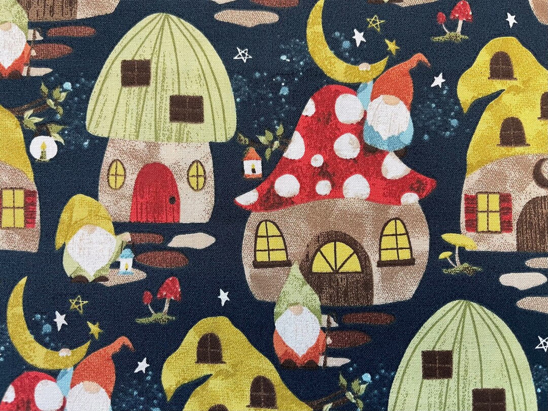 Night Gnomes on Navy Fabric by the Yard 100% Cotton Woodland Gnome ...
