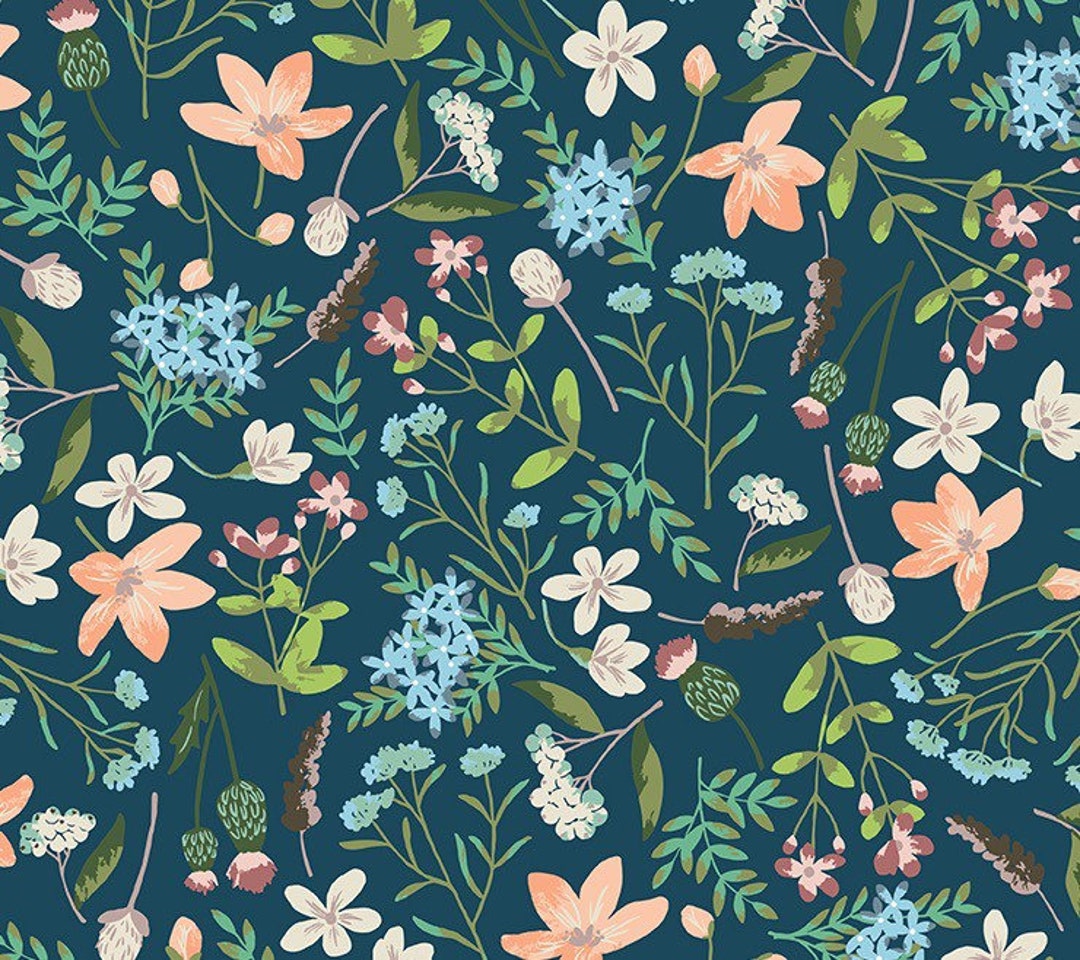Wildwood Wander Flower Sprigs on Navy Fabric by the Yard or Half Yards ...