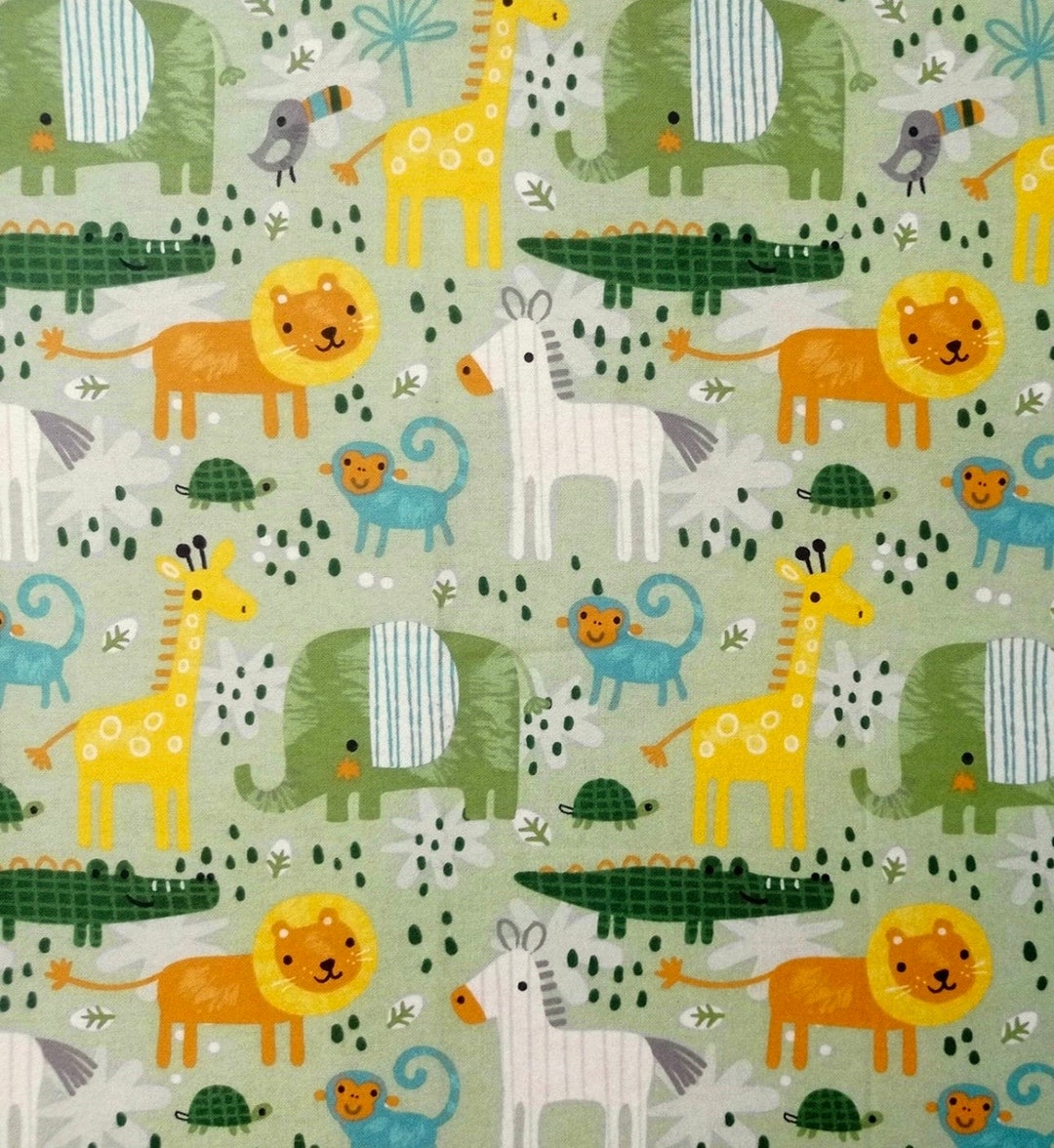 Safari Animals on Green Flannel Fabric by the Yard 100% Cotton Wild ...
