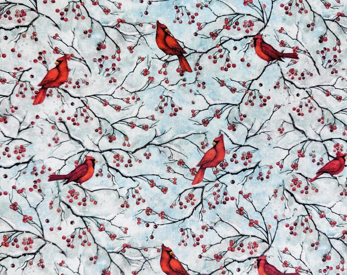 Red Birds and Red Berries Fabric by the Yard 100% Cotton Christmas ...