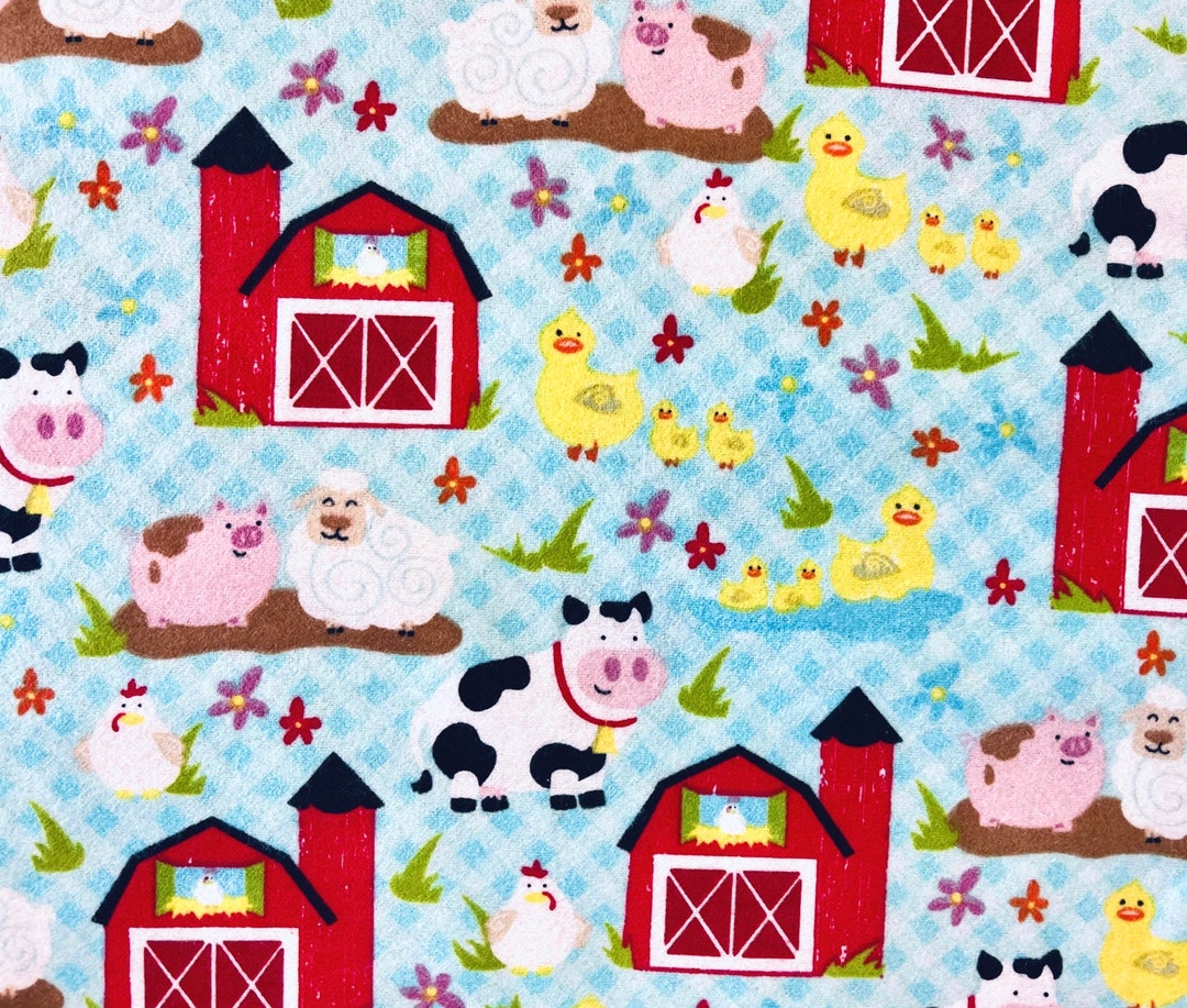 Barnyard Animals on Blue Gingham Flannel Fabric by the Yard or Half ...