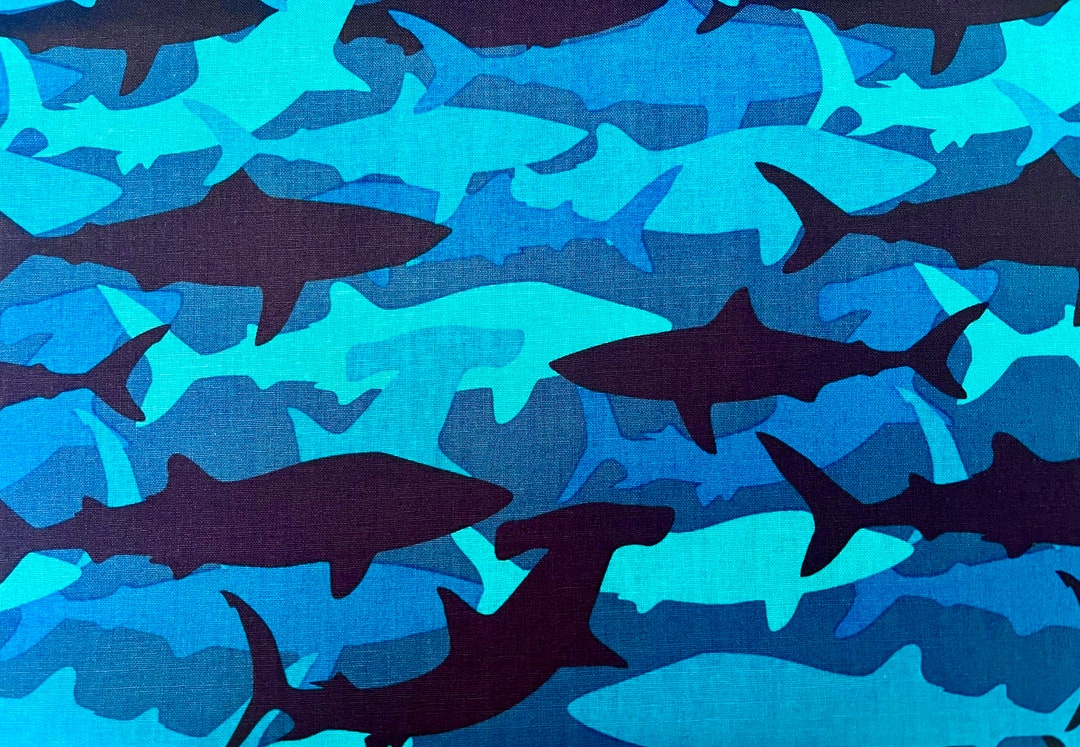 Camouflage Sharks Fabric by the Yard 100% Cotton Novelty Print Shark ...