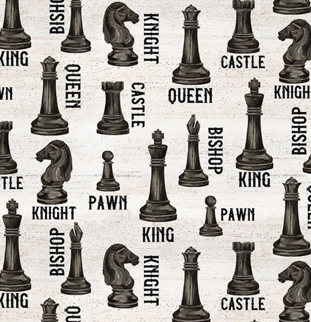 Chess Pieces on Textured White Fabric by the Yard or Half Yards 100% ...