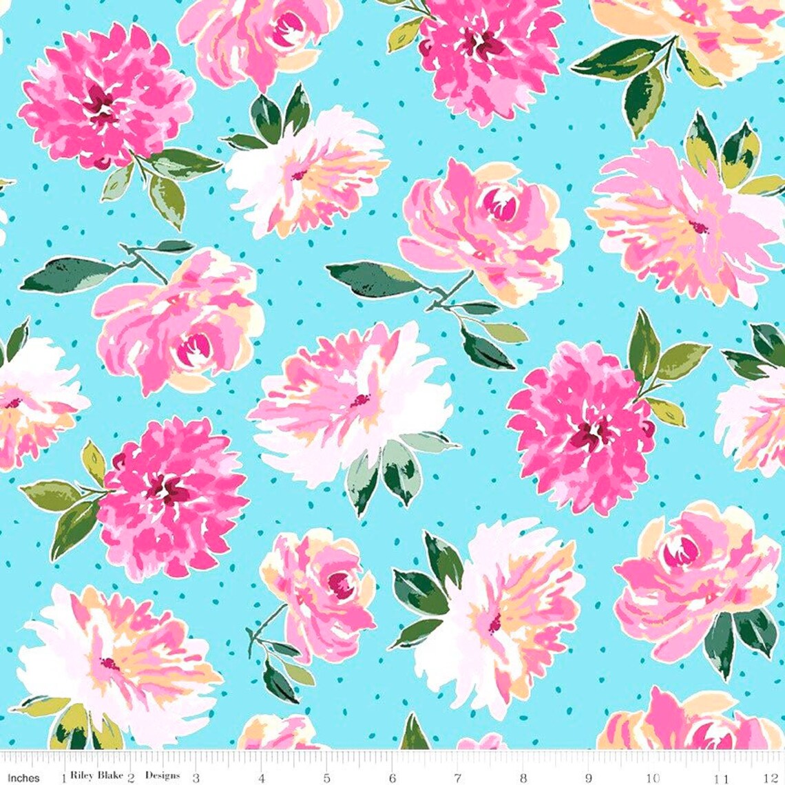 Lucy June Flowers on Aqua Fabric by the Yard or Half Yards - Etsy