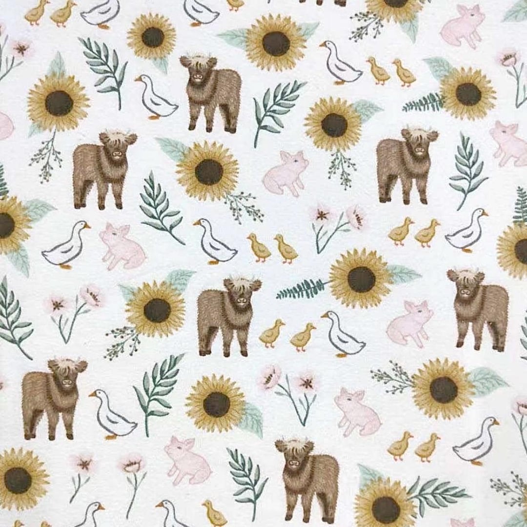 Sweet Farm Animals Flannel Fabric by the Yard 100% Cotton Sunflowers ...