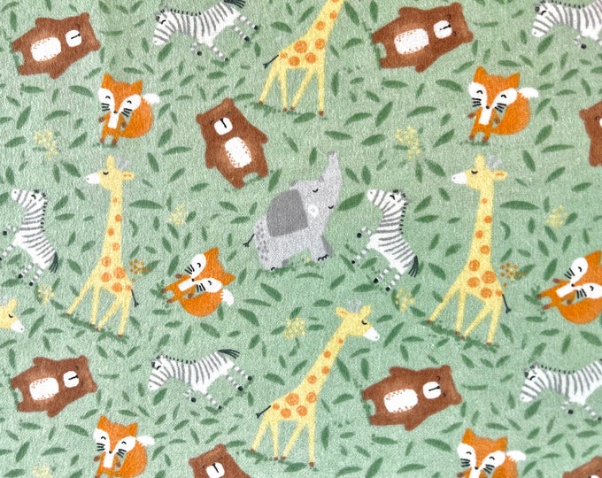 Zoo Baby Animals on Green Flannel Fabric by the Yard 100% Cotton ...