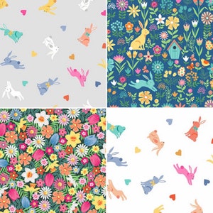 Spring Rabbits on White Fabric by the Yard or Half Yards 100% Premium ...