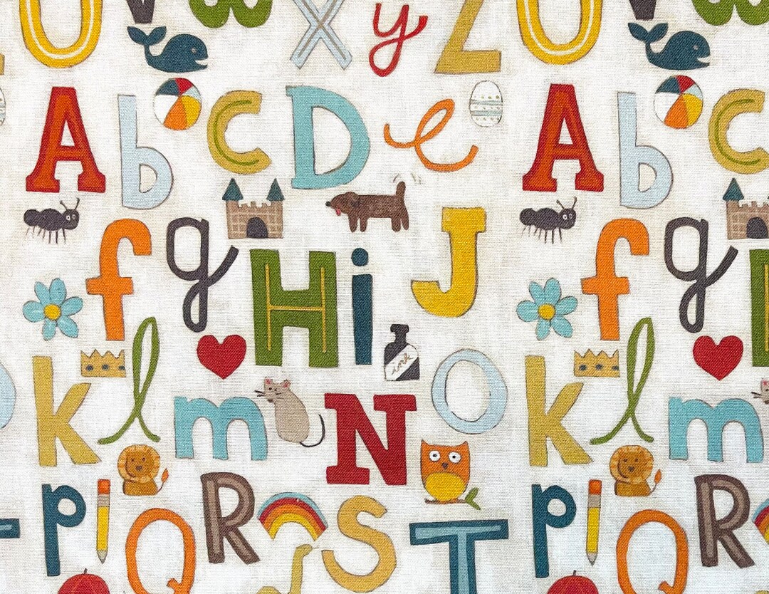 Muted Alphabet on Textured Cream Fabric by the Yard 100% Cotton Abc’s ...