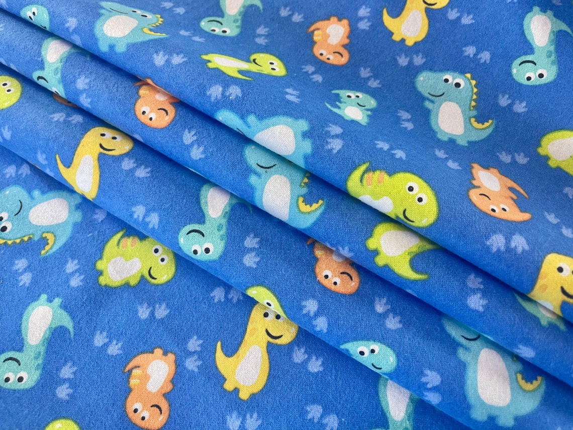 Baby Dinosaurs on Blue Flannel Fabric by the Yard 100% Cotton Dinos ...