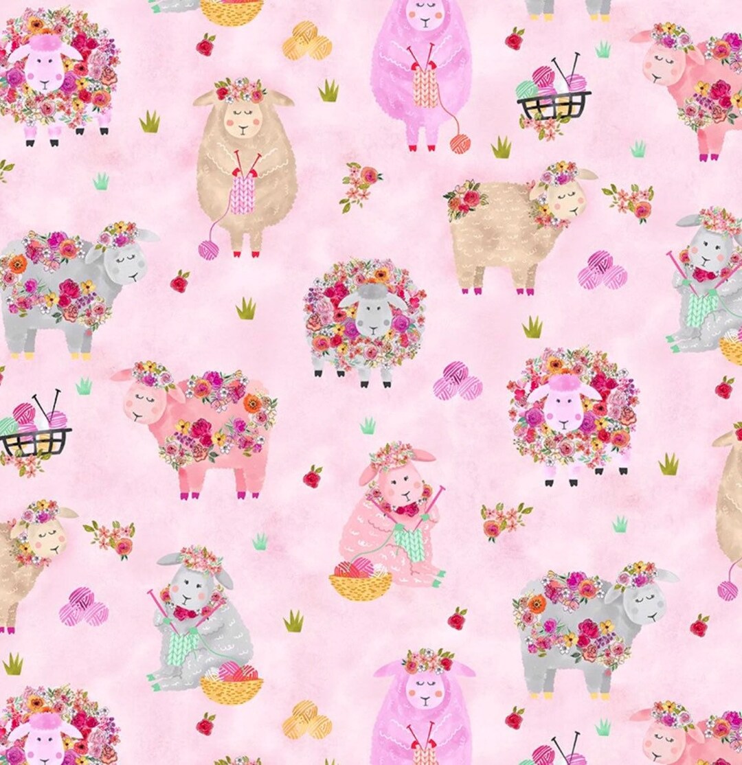 Sew Floral Sheep on Pink Fabric by the Yard 100% Cotton by Gail Caden ...
