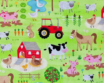 Animals on the Farm Fabric by the Yard 100% Cotton Farming Countryside ...