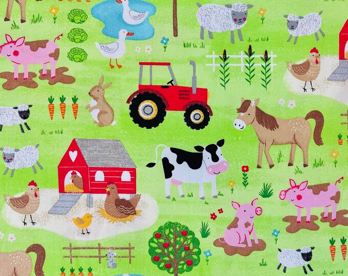 Farm Animals on Green Fabric by the Yard 100% Cotton Farming ...