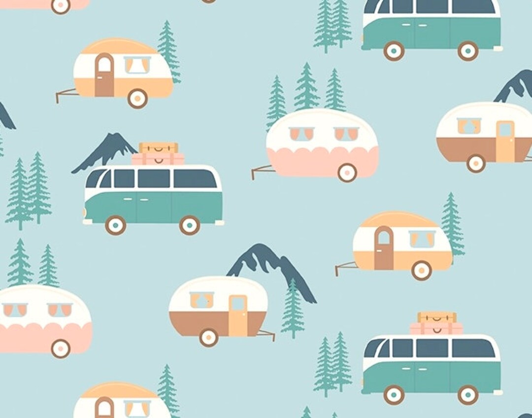 Live Love Glamp Campers on Mist Blue Fabric by the Yard 100% Premium ...