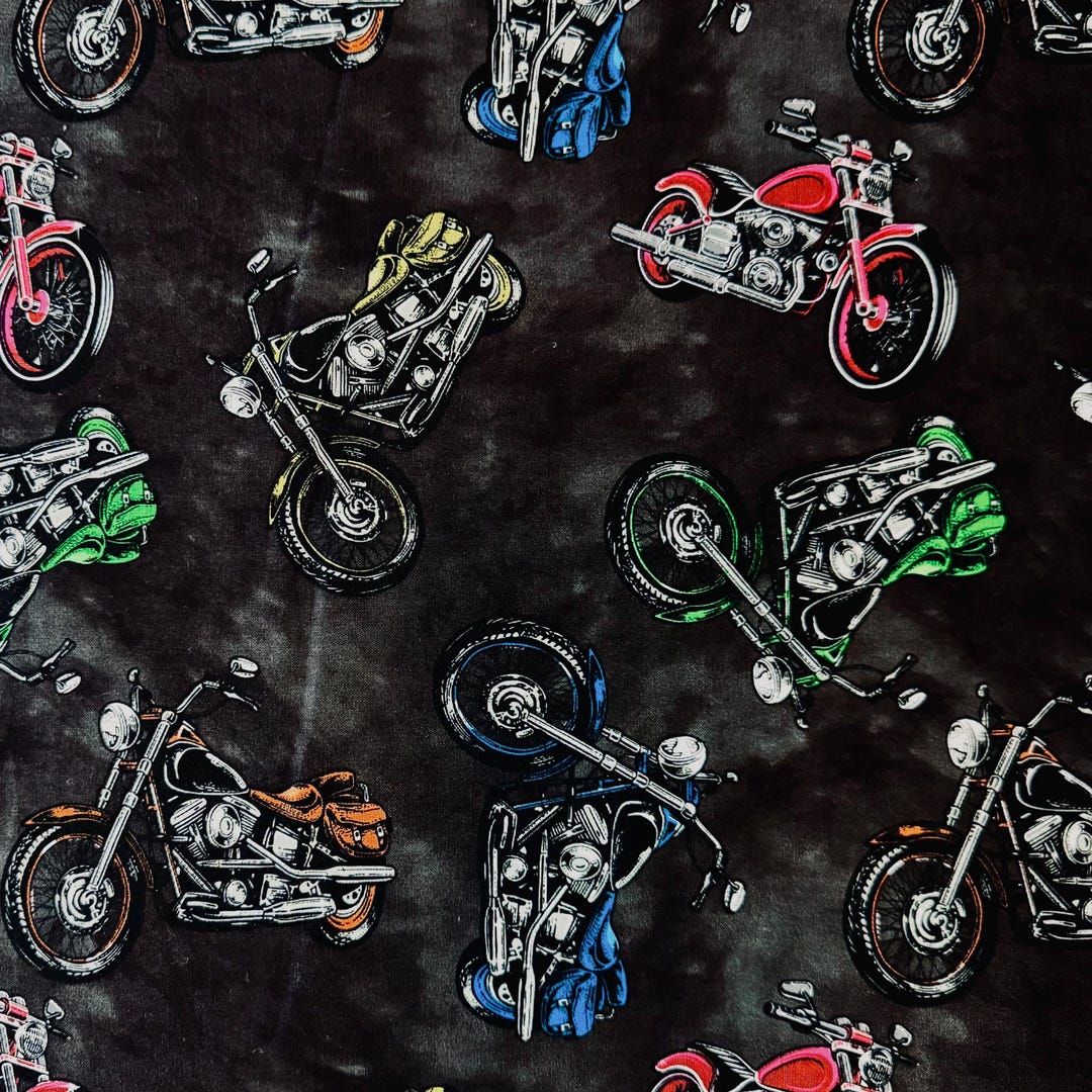 Motorcycles on Marbled Black Fabric 100% Cotton by Jean Plout for David ...