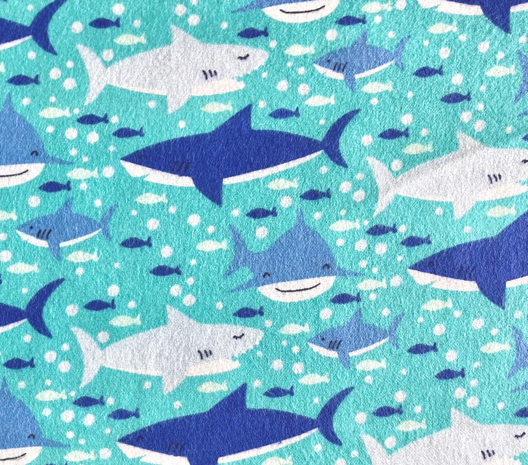 Sea Life Sharks on Aqua Flannel Fabric by the Yard 100% Cotton by ...