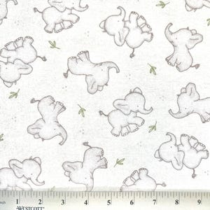Baby Elephants on White Flannel Fabric by the Yard 100% Cotton Safari ...