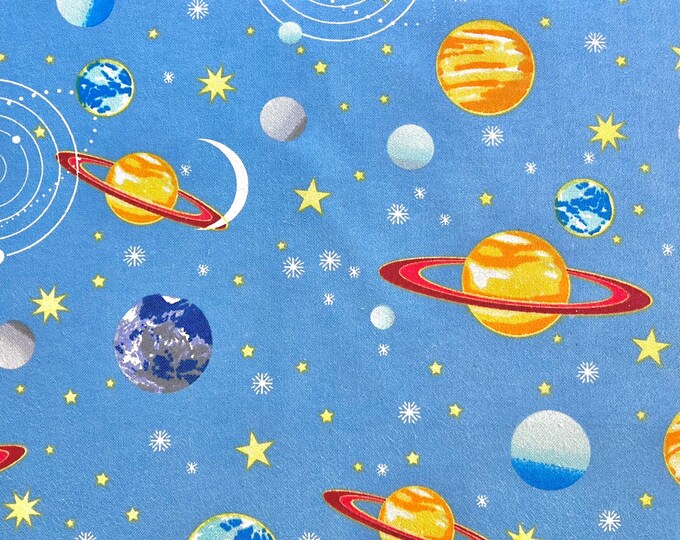Big Planets on Blue Flannel Fabric by the Yard 100% Cotton Sky Stars ...