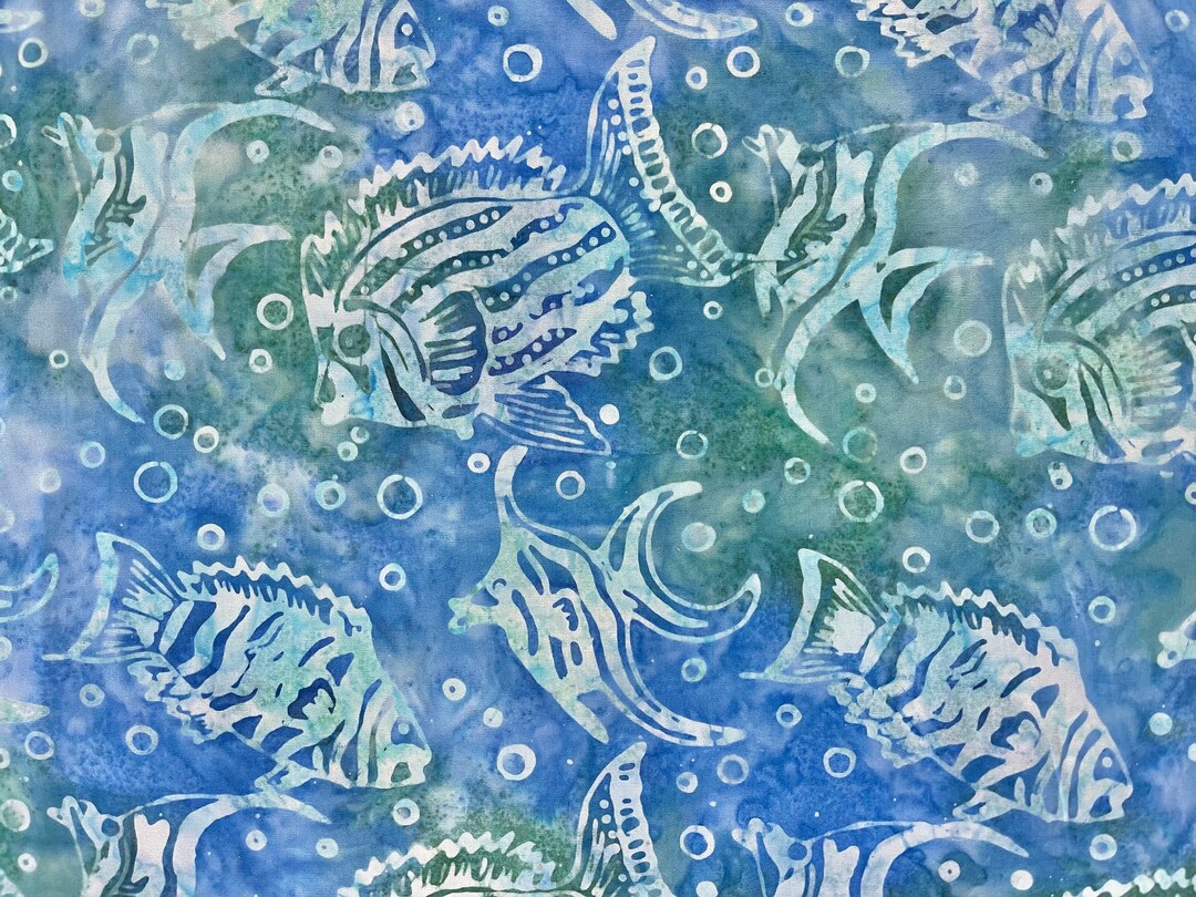 Tropical Fish Blue Green Batik Fabric by the Yard 100% Cotton Poplin ...