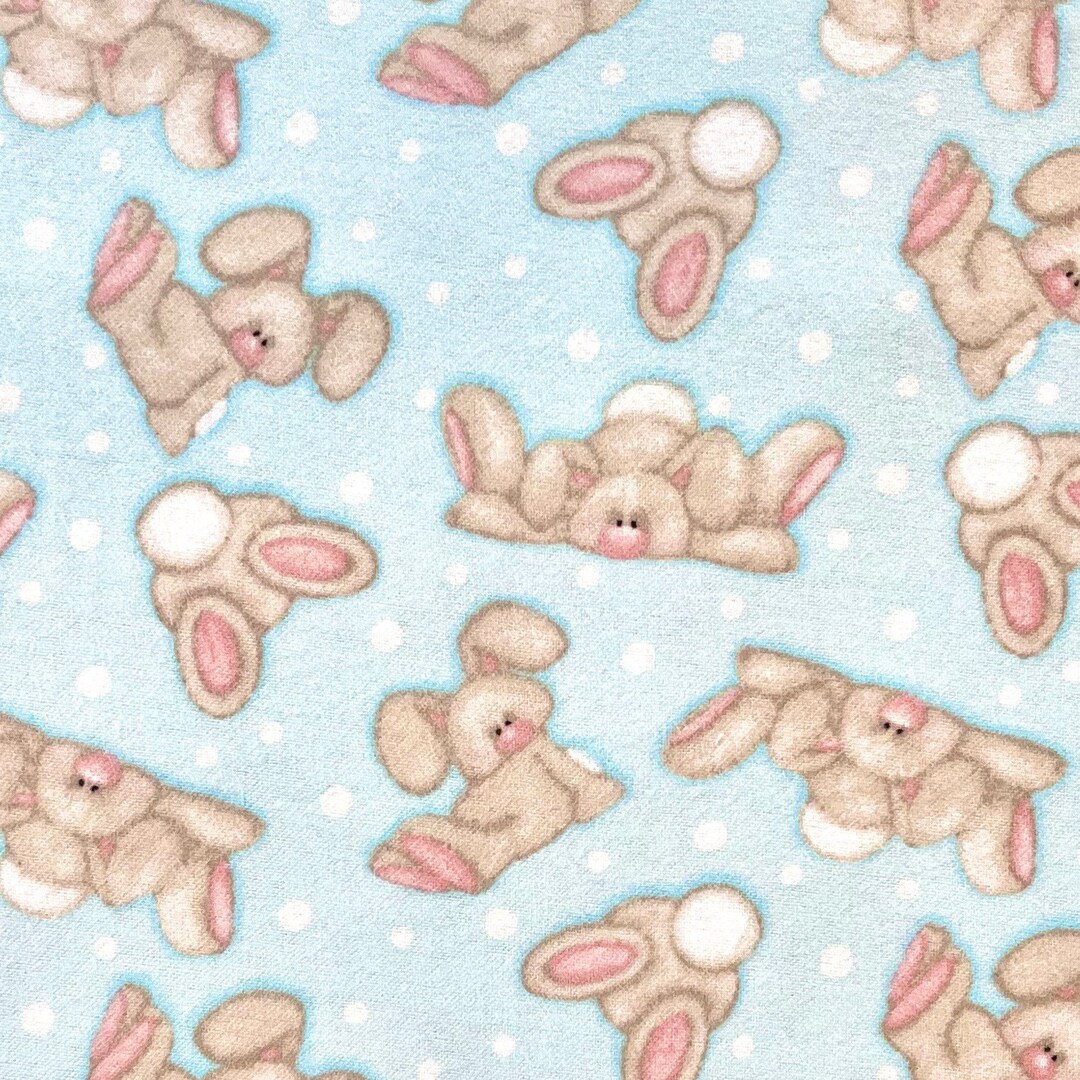 Bunnies on Blue Flannel Fabric by the Yard Half Yards 100% Cotton ...