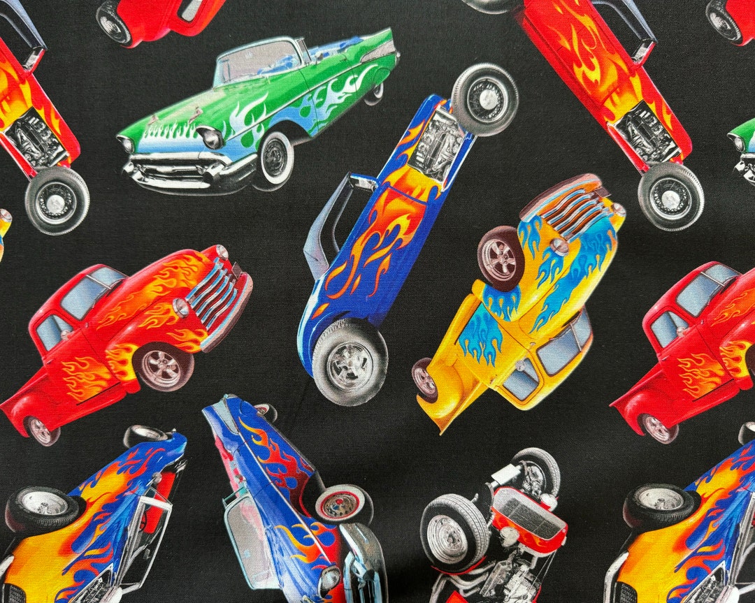 Race Cars on Black Fabric by the Yard 100% Cotton Racing Vehicles ...