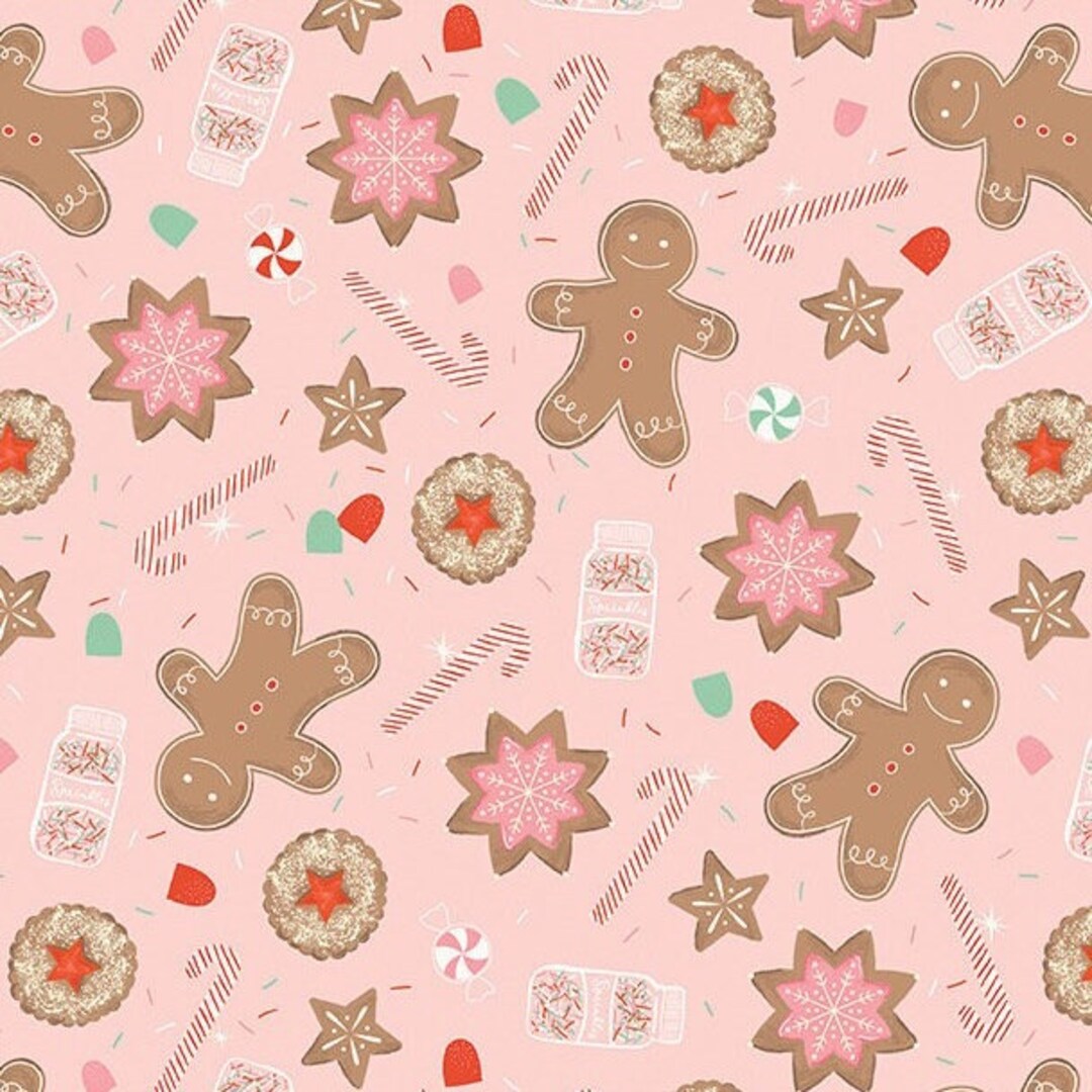 Holiday Cheer Gingerbread Cookies on Pink Fabric by the Yard 100% ...