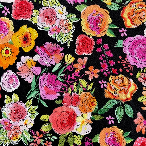 Black Floral Fabric - Etsy