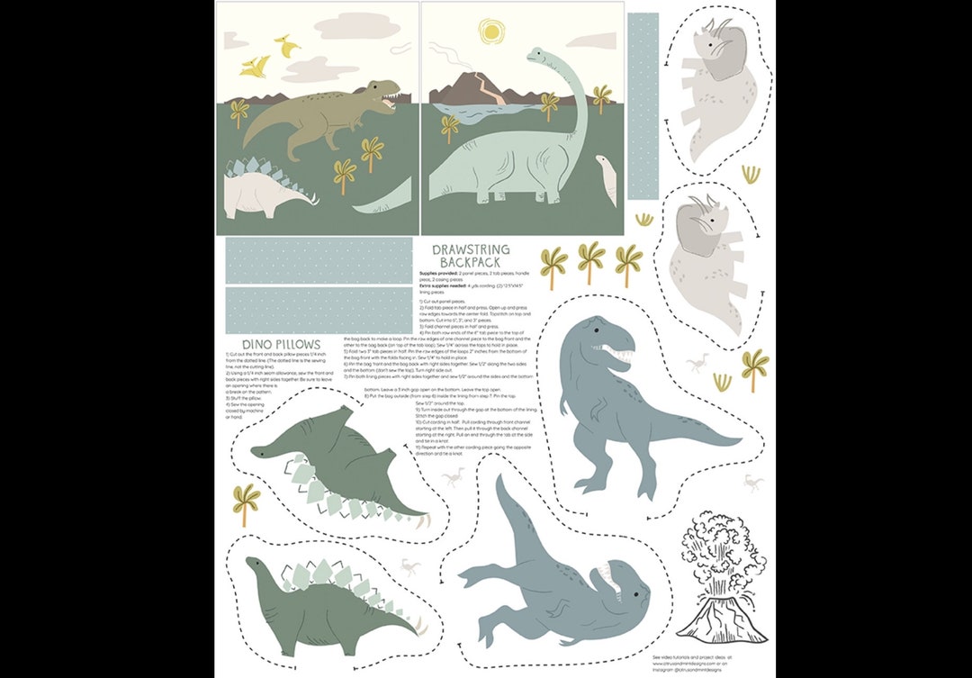 Roar! Dinosaurs 36” Fabric Pillow Panel and Backpack 100% Premium ...