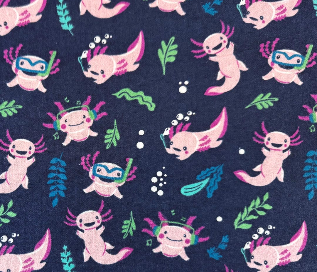 Flannel Pink Axolotls on Indigo Fabric by the Yard 100% Cotton Ocean ...