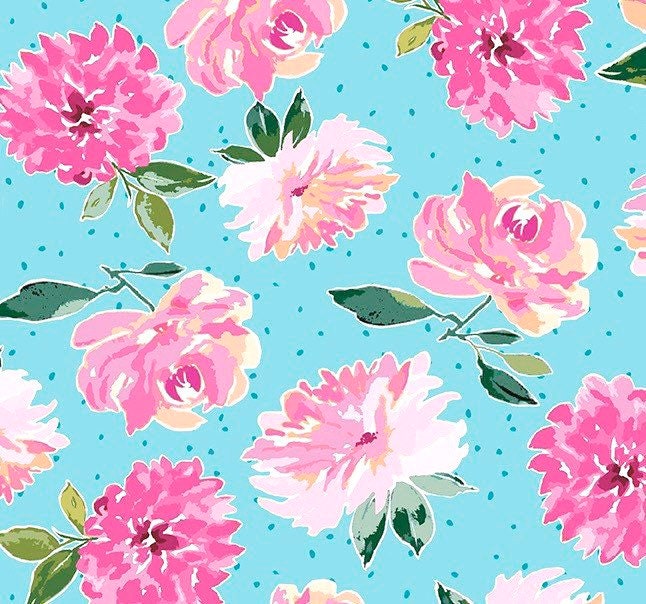 Lucy June Flowers on Aqua Fabric by the Yard or Half Yards - Etsy