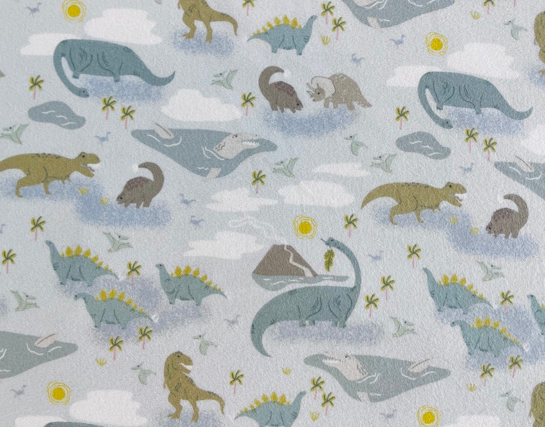Little Dinosaurs on Sky Blue Flannel Fabric by the Yard 100% Cotton ...