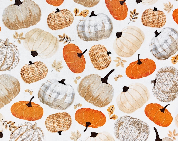 Harvest Pumpkins on White Fabric by the Yard 100% Cotton Orange Tan ...