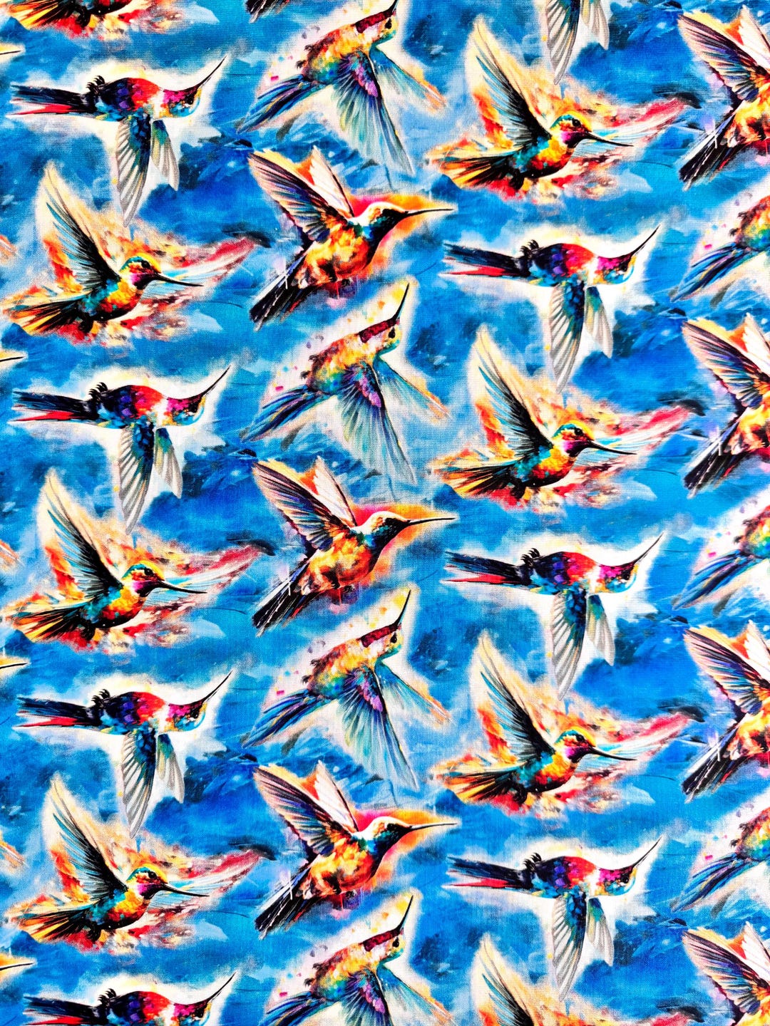 Painted Hummingbirds on Blue Fabric by the Yard 100% Premium Cotton ...