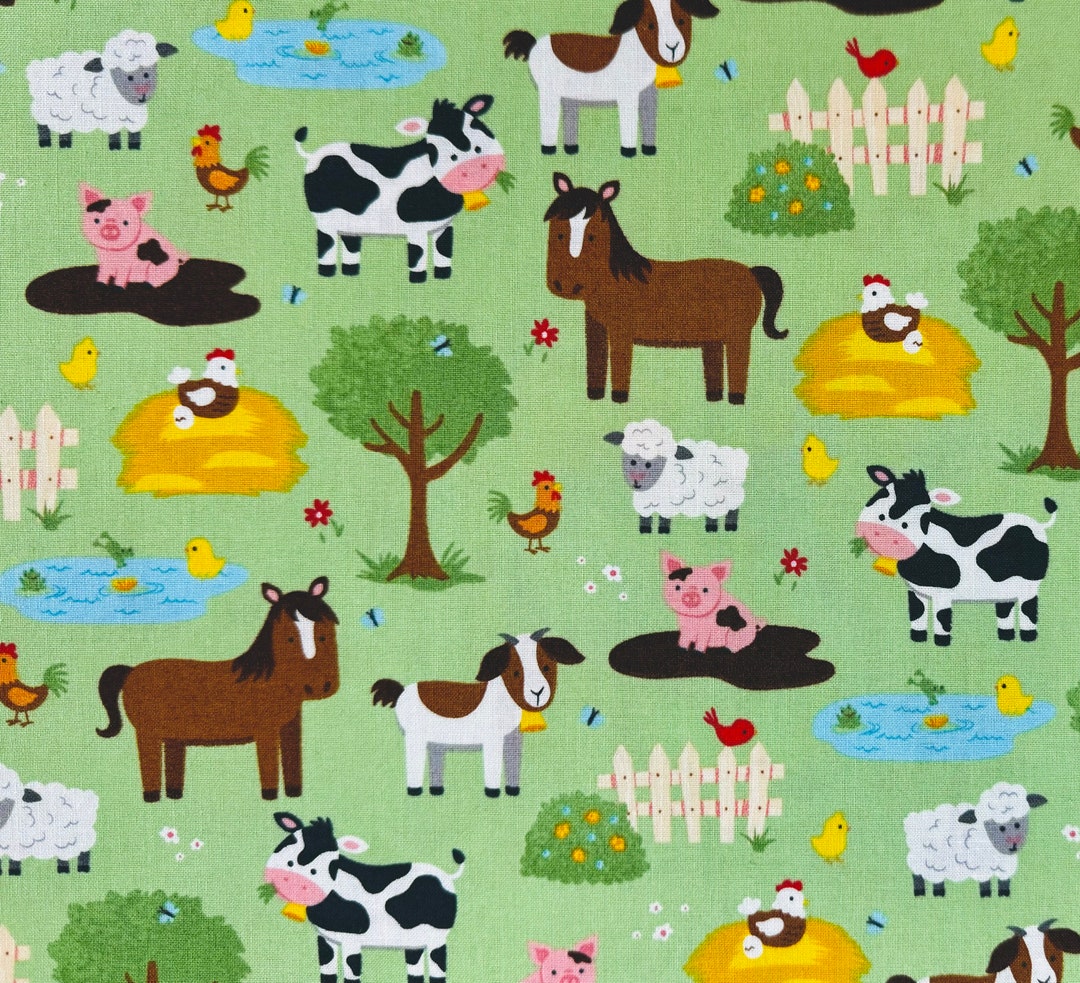 Animals on the Farm Fabric by the Yard 100% Cotton Farming Countryside ...