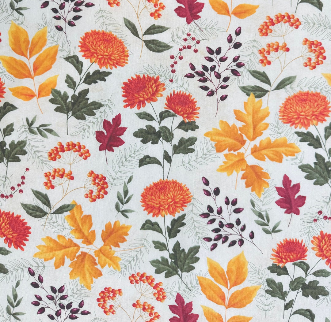 Mums & Leaves Fabric by the Yard 100% Cotton Scattered Floral Flowers ...