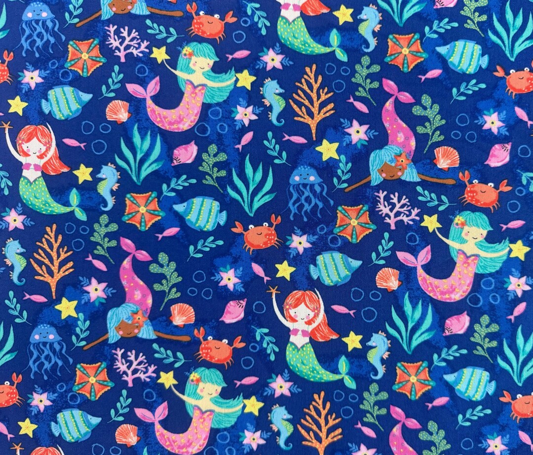 Colorful Mermaids on Navy Fabric by the Yard 100% Cotton by Hi-fashion ...