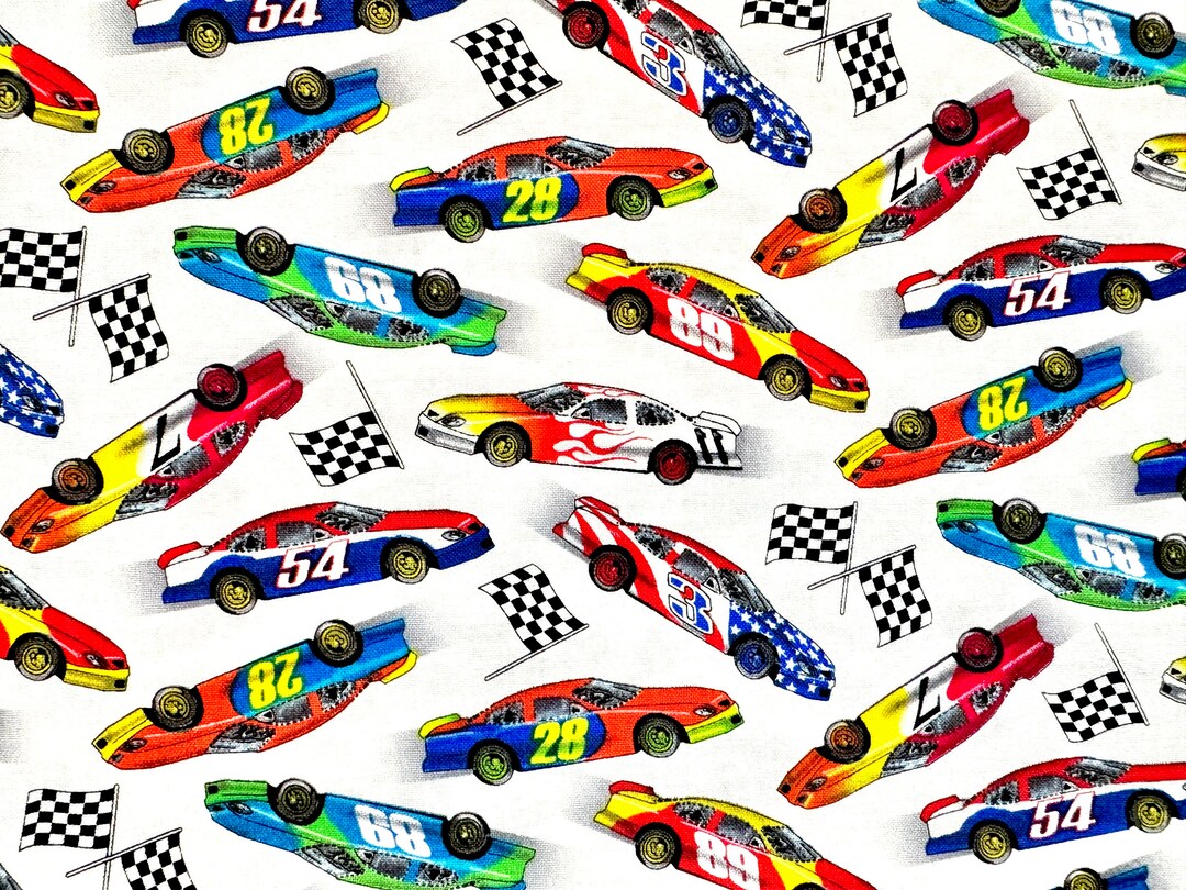 Race Cars on White Fabric by the Yard 100% Cotton Racing Vehicles ...