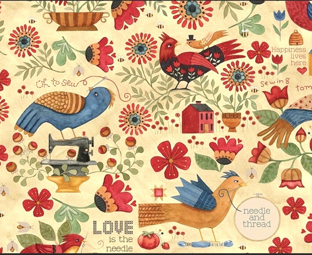 Stitchy Birds Fabric by the Yard or Half Yards 100% Premium Cotton by ...