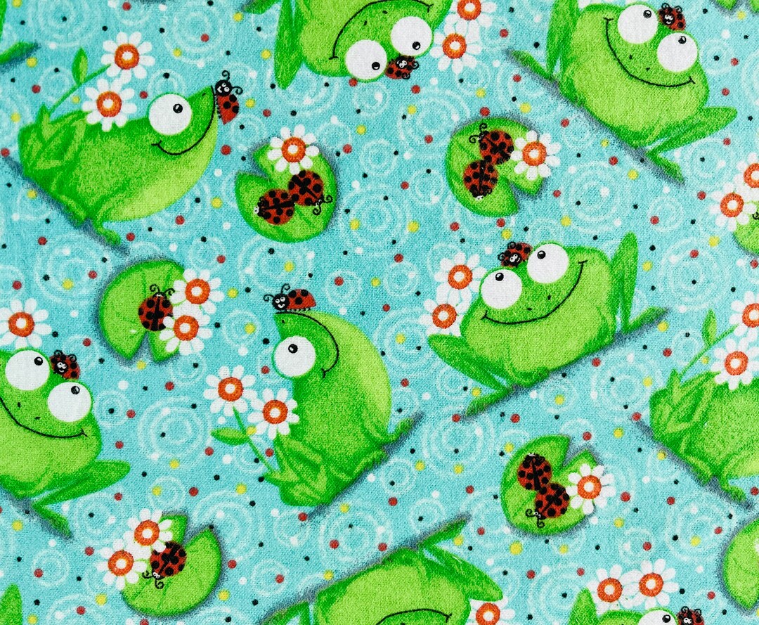 Frogs & Ladybugs on Lily Pads Flannel Fabric by the Yard 100% Cotton by ...