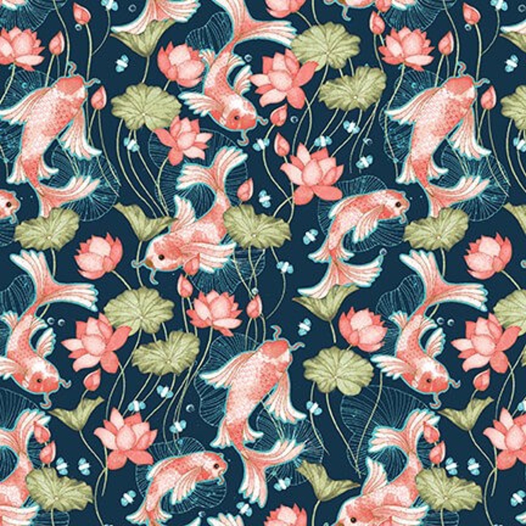 Koi Garden Small Fish Fabric by the Yard of Half Yards 100% Premium ...