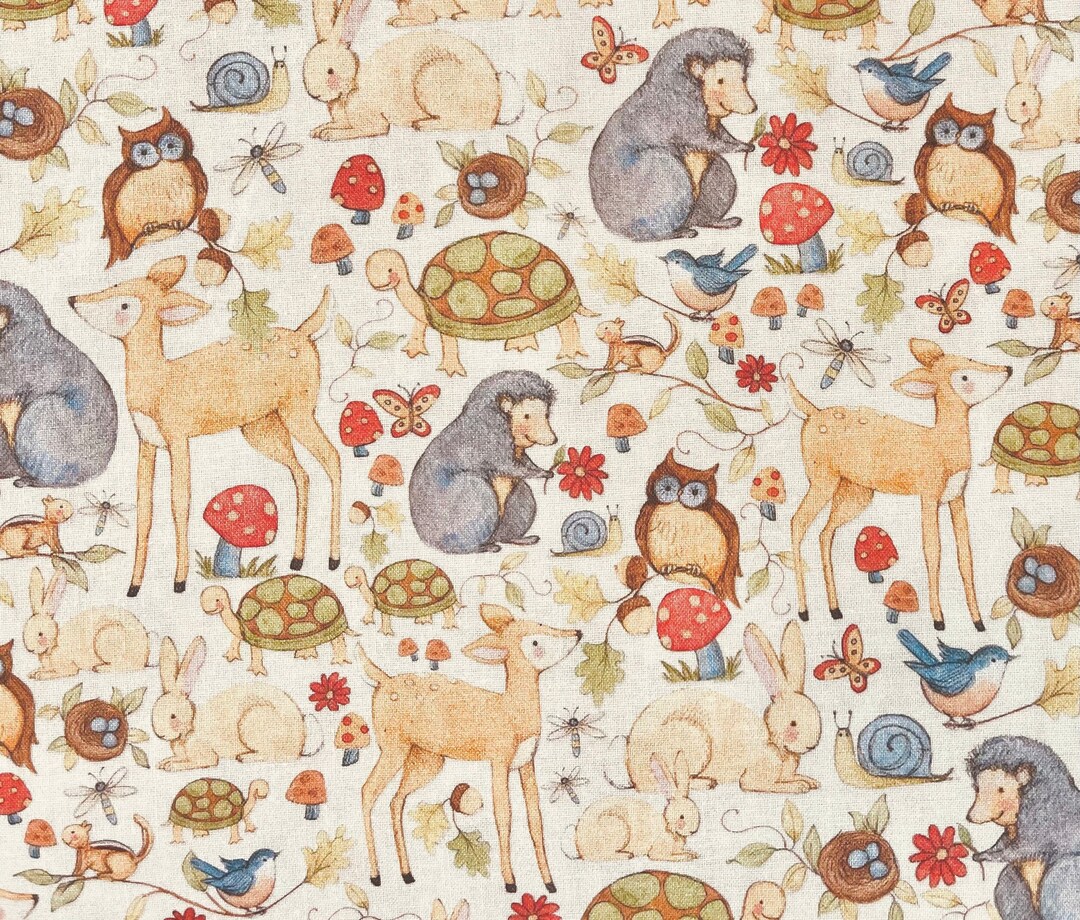 Packed Woodland Animals Fabric by the Yard 100% Premium Cotton by Susan Winget Mushrooms Turtles ...
