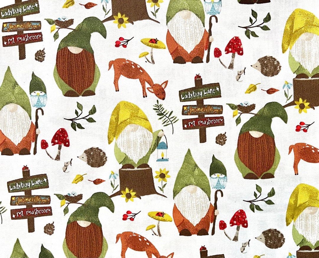 Country Gnomes on White Fabric by the Yard 100% Cotton Woodland Gnome ...