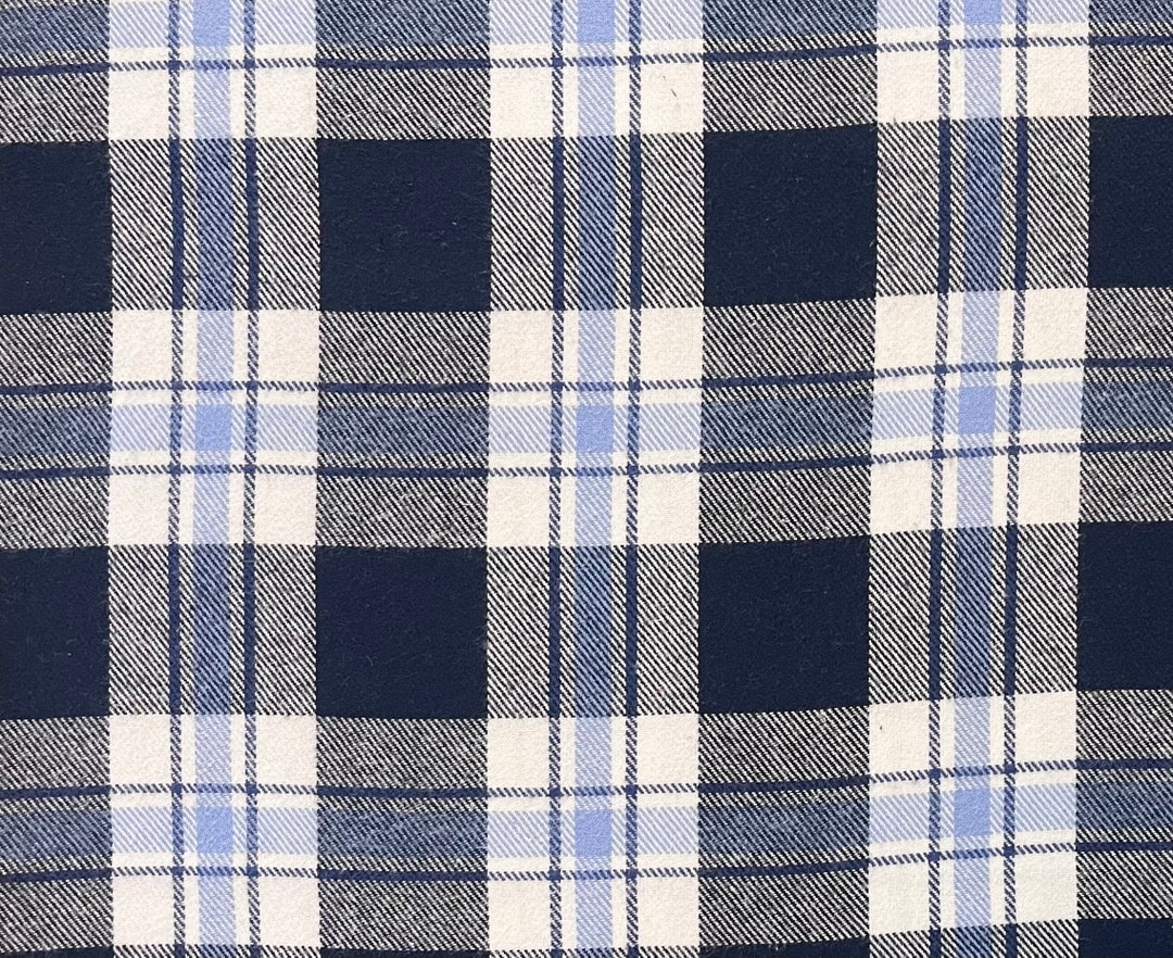Navy Blue & White Plaid Woven Flannel Fabric by the Yard 100% Brushed ...