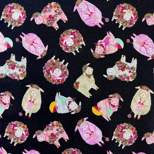 Sew Floral Scattered Sheep on Black Fabric by the Yard 100% Cotton by ...