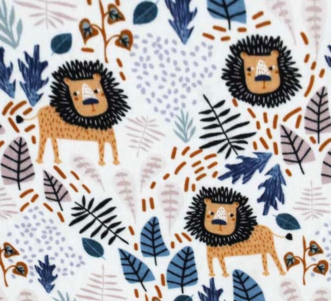 Boho Lions & Foliage on White Modal Spandex Knit Fabric by the Yard 58 ...