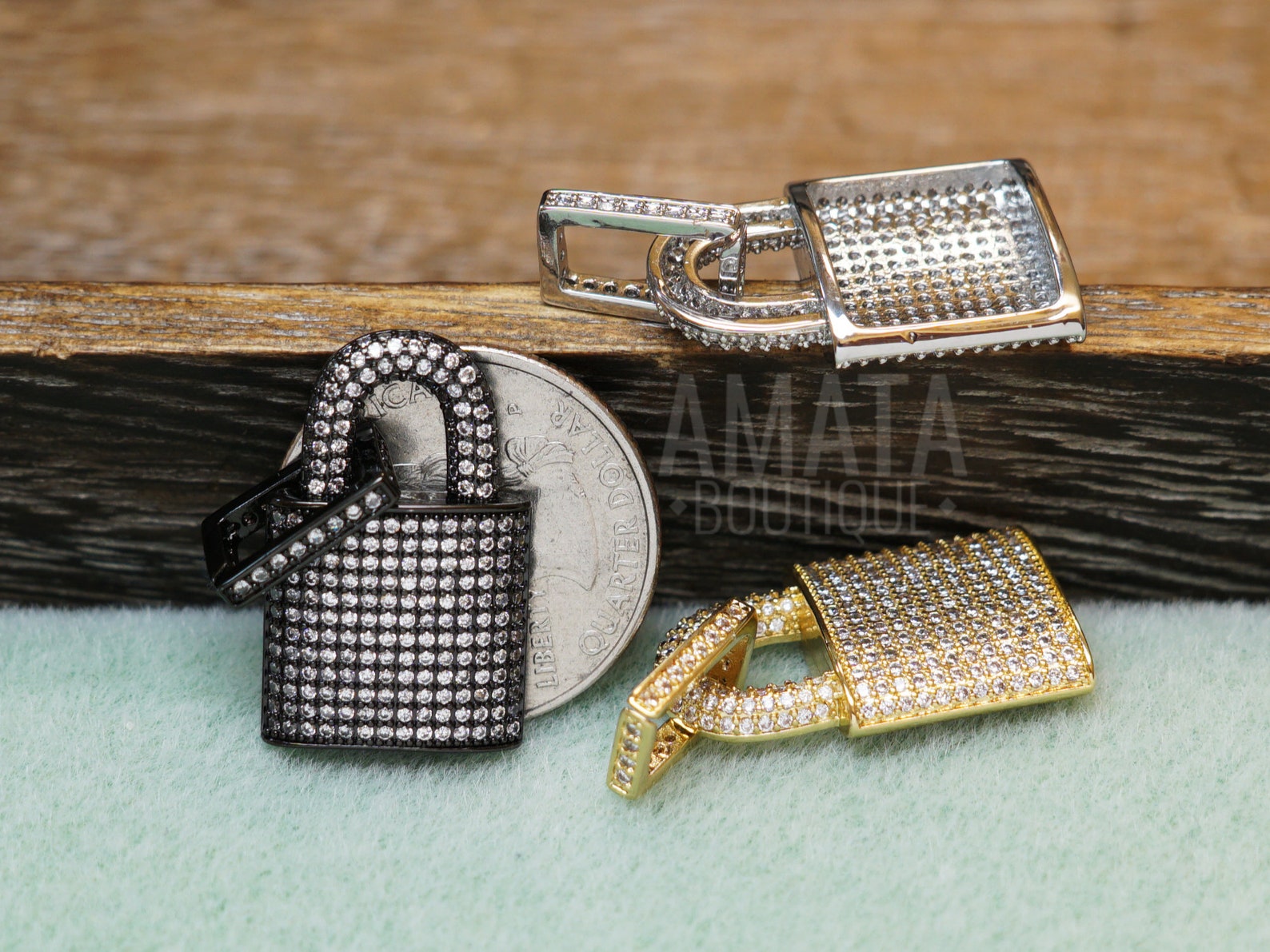 CZ Micro Pave Padlock Pendant, Gold/silver, Cubic Zirconia Pave Lock ...