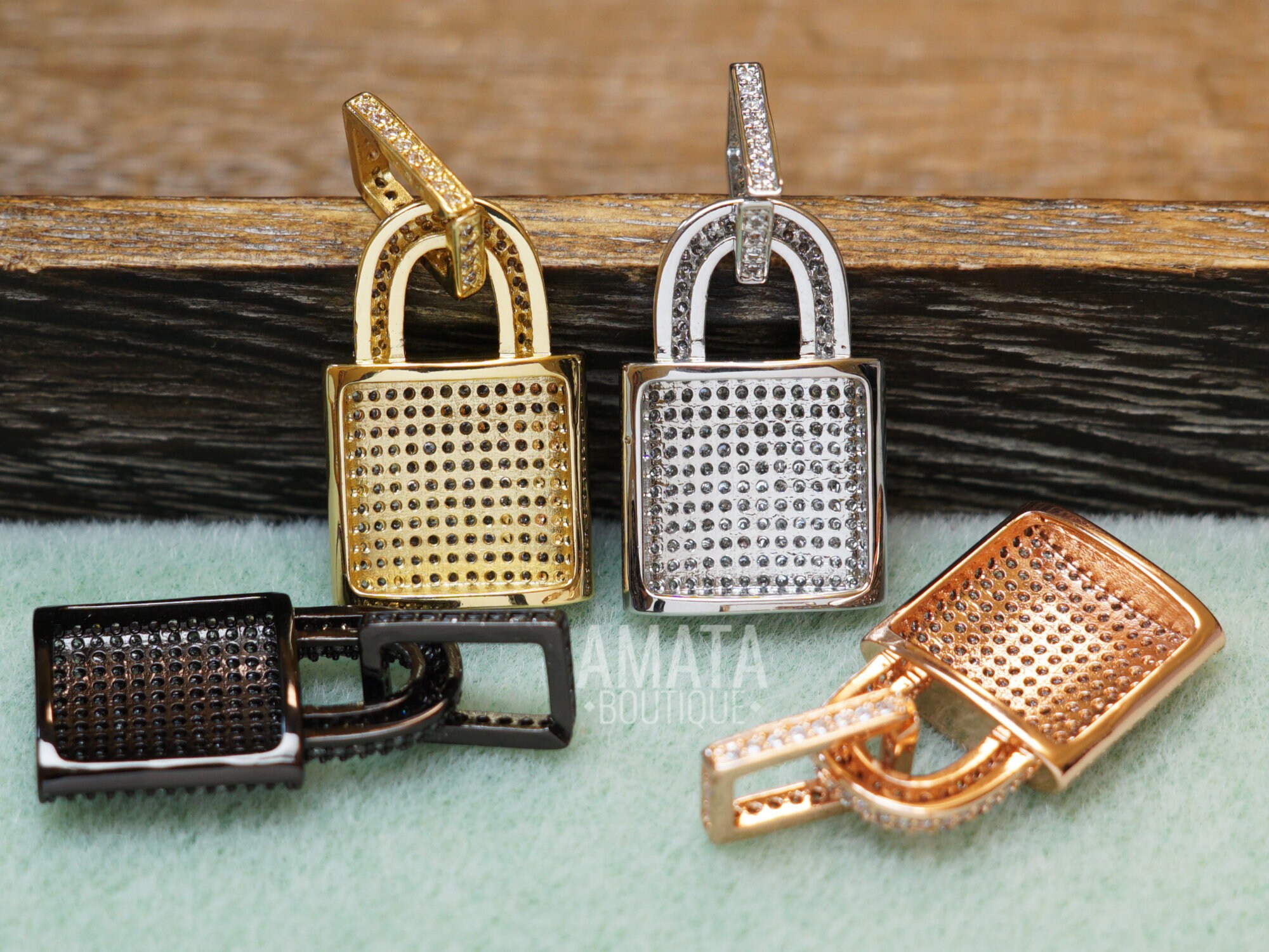 CZ Micro Pave Padlock Pendant, Gold/silver, Cubic Zirconia Pave Lock ...
