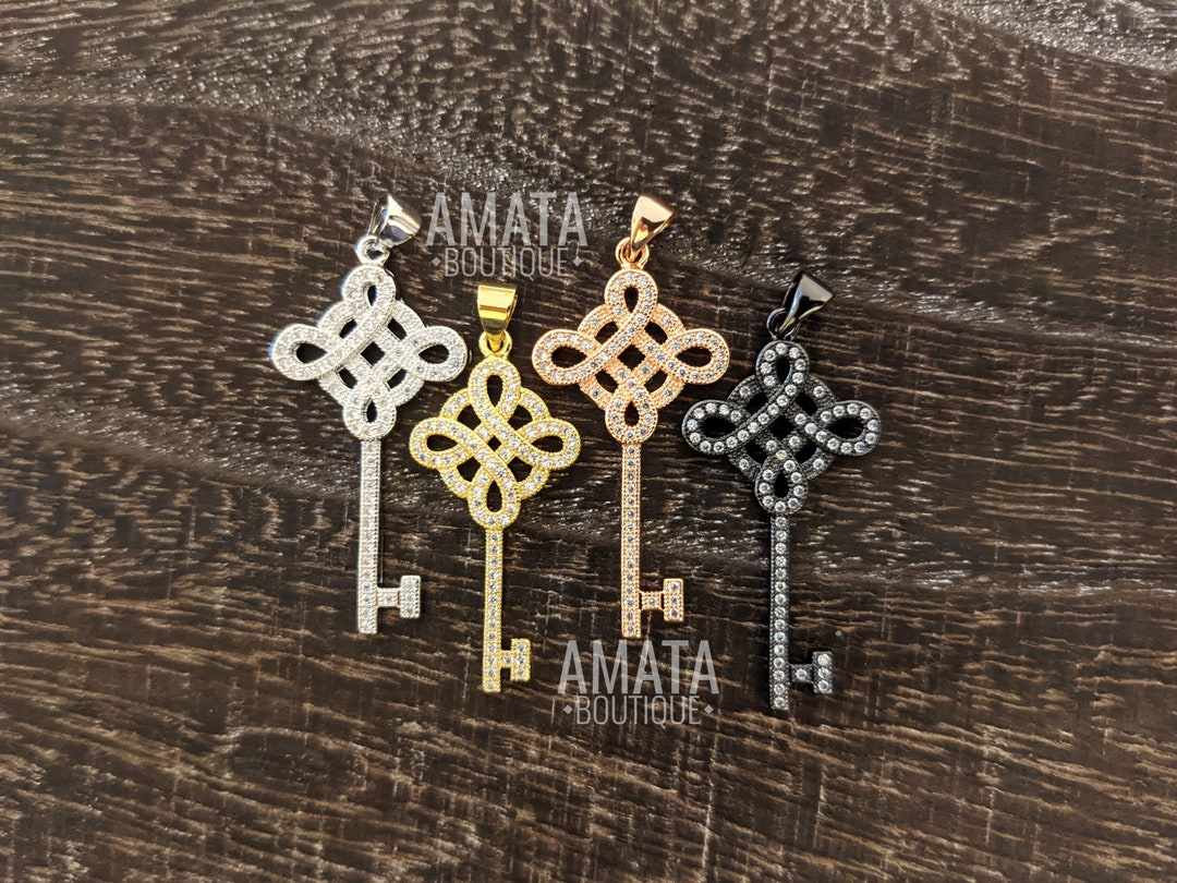 CZ Key Micro Pave Pendant, Silver/black/rose Gold/gold, Cubic Zirconia ...